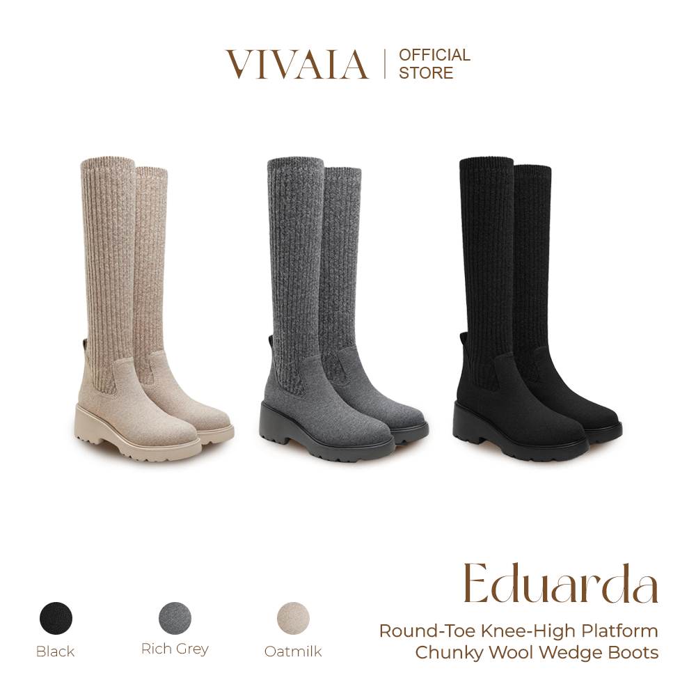 Jual VIVAIA Sepatu Wanita Round-Toe Knee-High Platform Chunky Wool ...