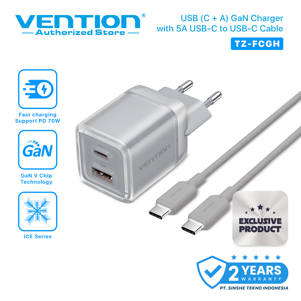 Jual Vention ICE Series GaN Charger 30W 45W 70W + Kabel USB-C PD QC ...