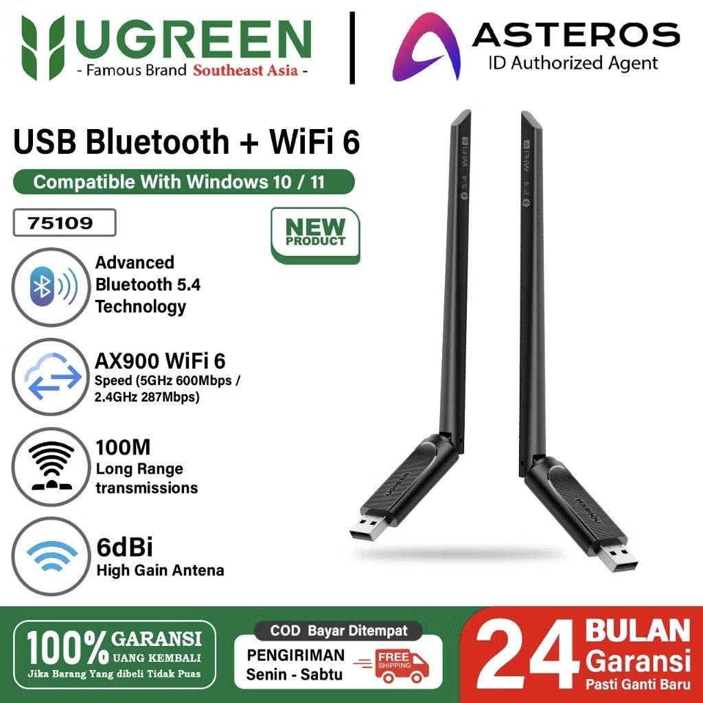 Jual UGREEN USB Dongle WiFi 6 AX900 Dual Band 5GHz/2.4GHz 600Mbps + Bluetooth 5.4 2in1 USB Wifi ...