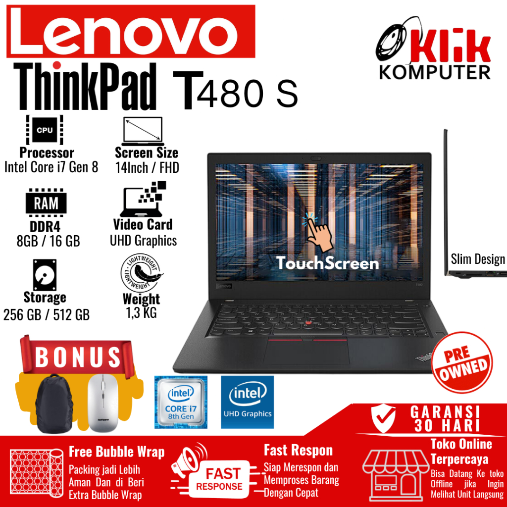Jual LENOVO THINKPAD T480S Slim design & Lightweight, Very Comfortable ...