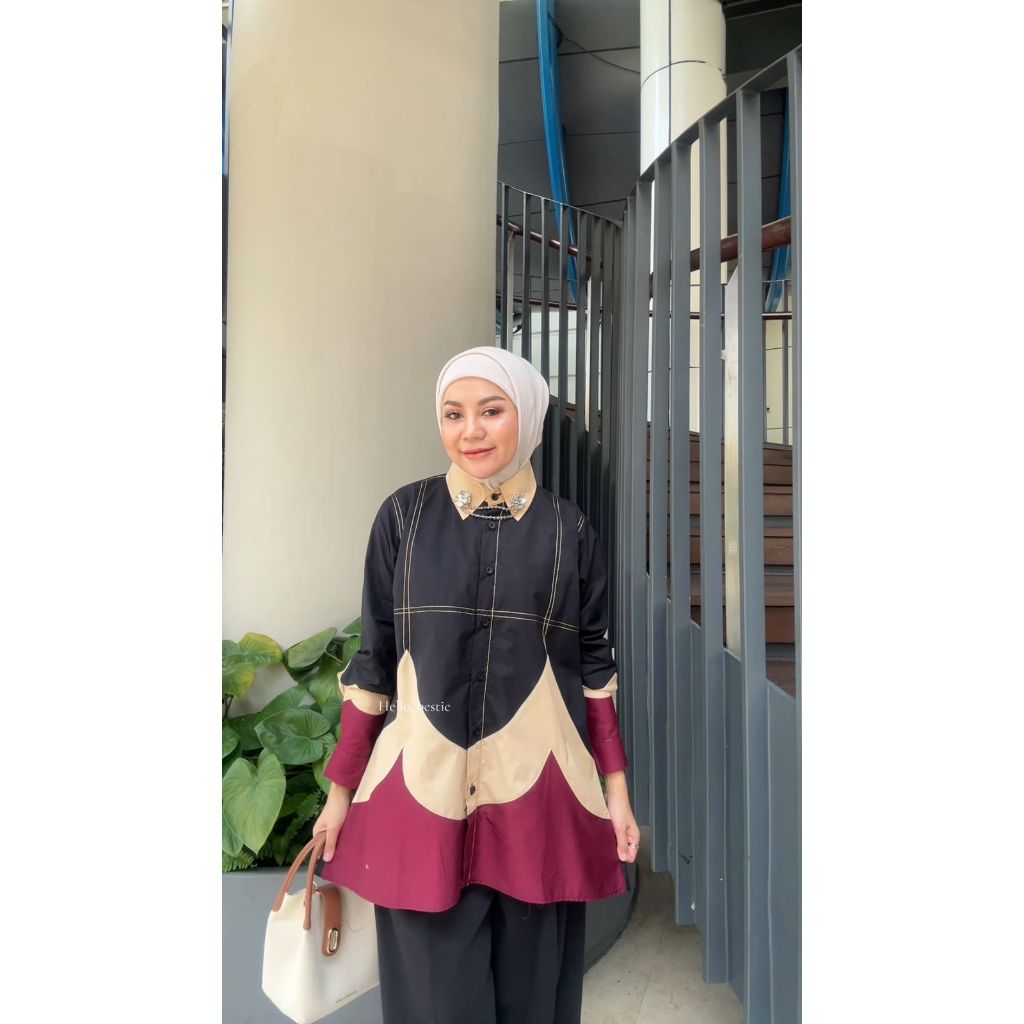 Jual Hello Bestie - Nafisa Shirt LD 120cm - Kemeja Wanita Lengan Panjang Katun Polos Line Mix ...