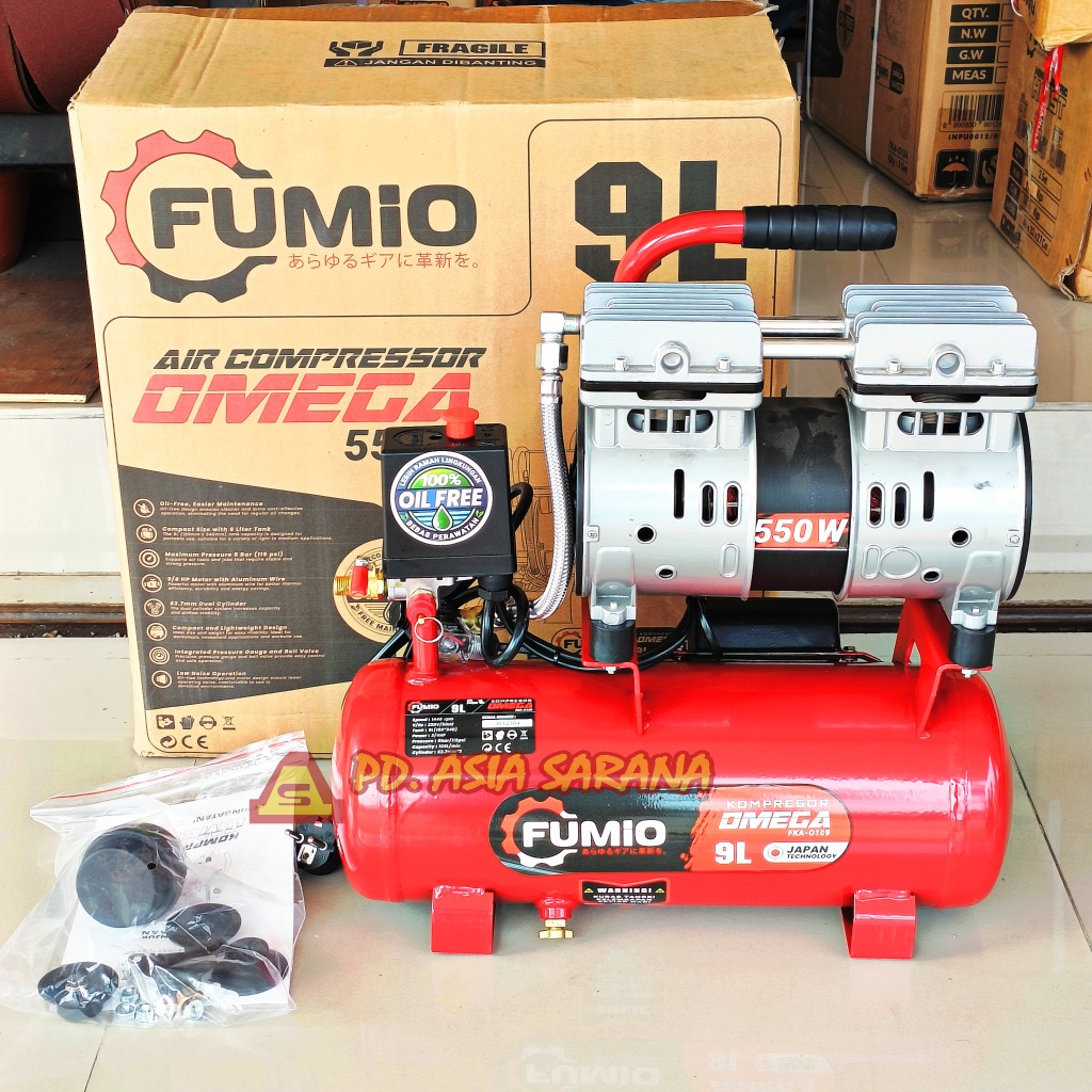Jual Mesin Kompresor 3/4 HP Oilless 9L Liter Silent FUMIO Omega FKA ...