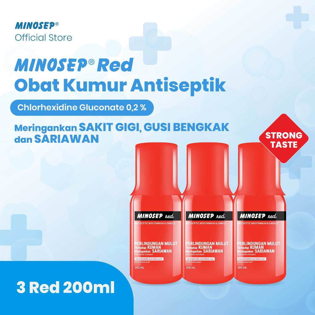 Jual Minosep RED Obat Kumur Antiseptik 200ml 3 botol Sakit Gigi ...