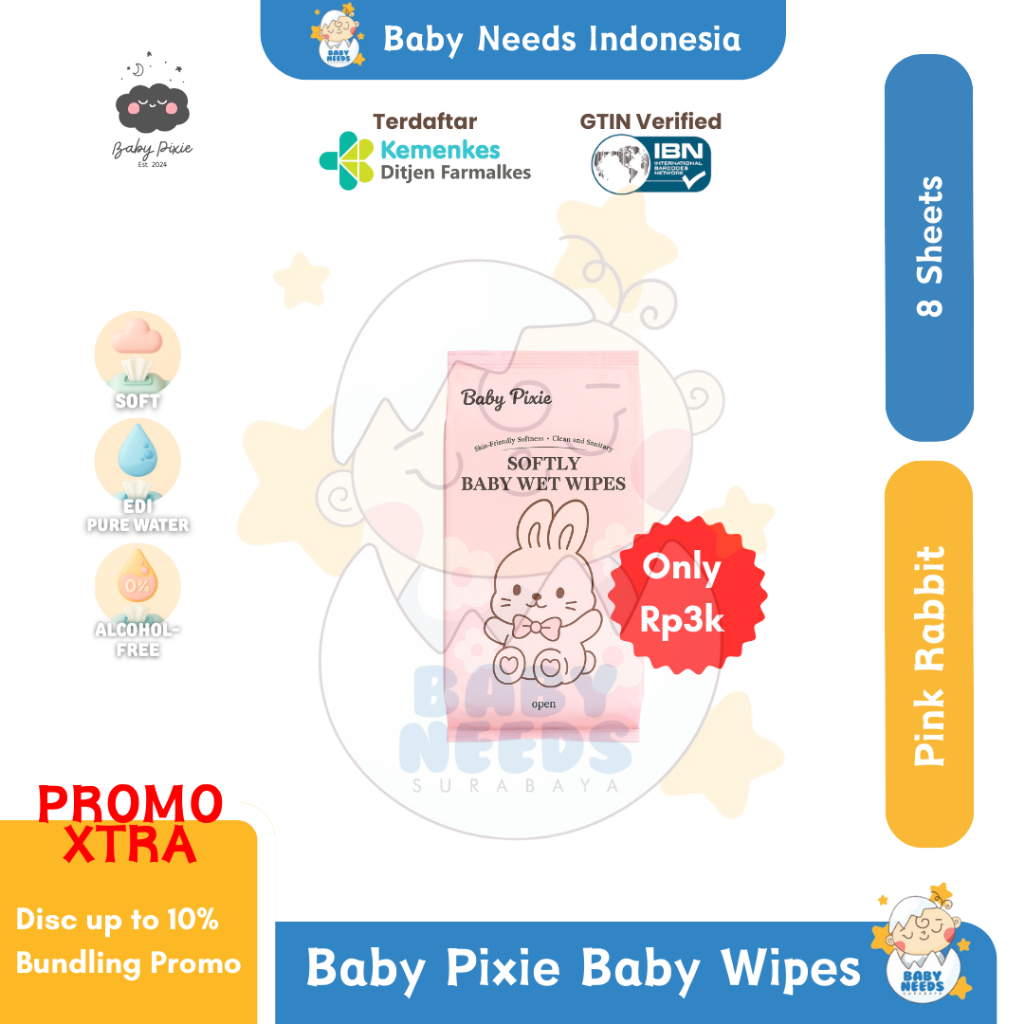 Jual BABY PIXIE Pink Rabbit Baby Wipes 8 Sheets Hypoallergenic - Tisu ...