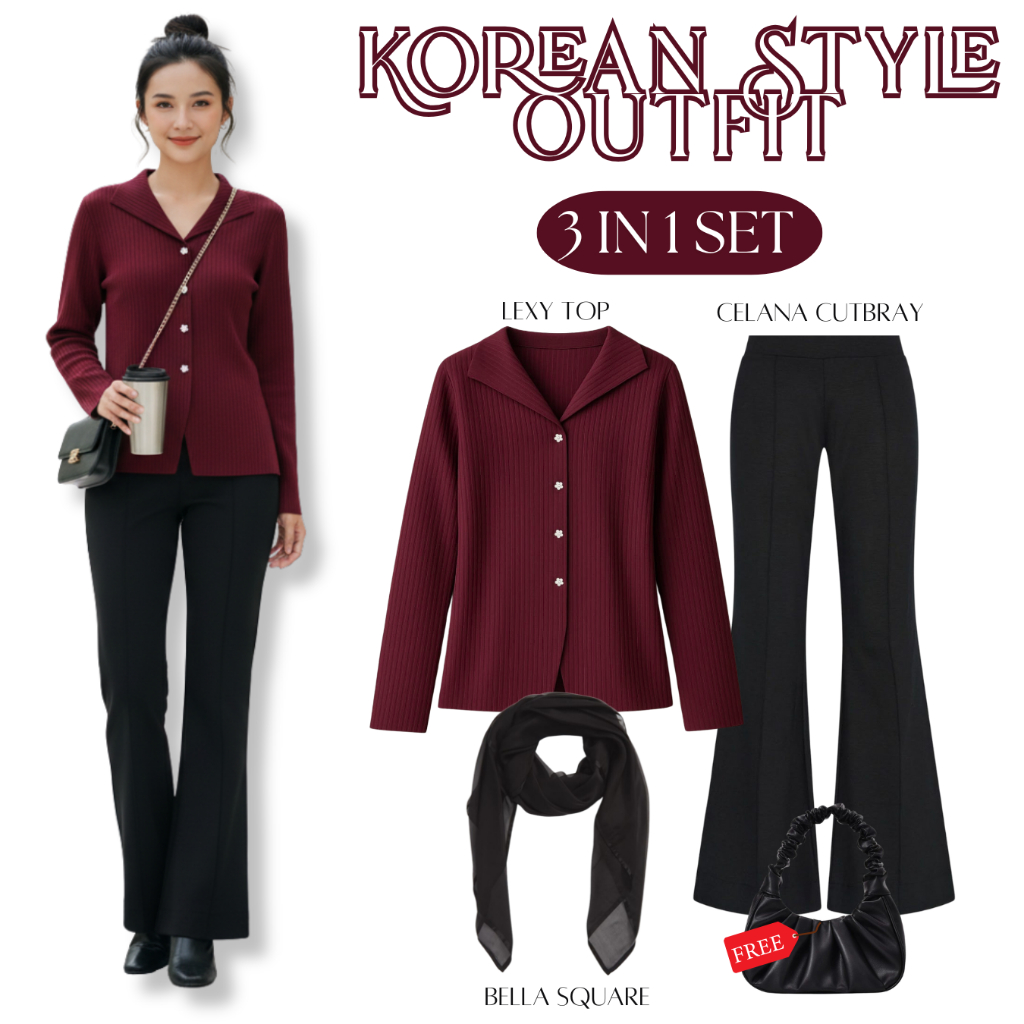 Jual CHIC & ELEGANT!!! 3 IN 1 SET ( Lexy Top Burgundy + Celana Cutbray ...