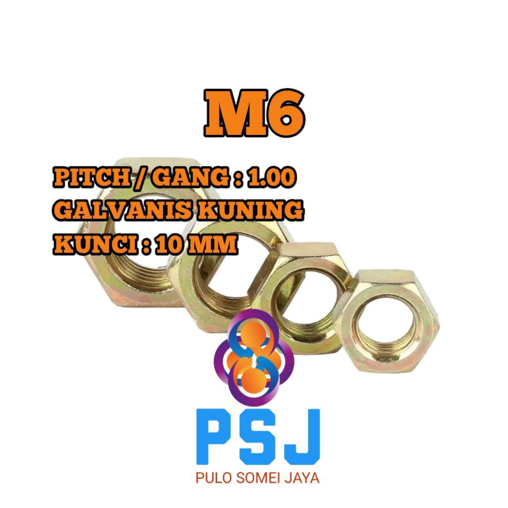 Jual Mur Besi M6 x 1.00 Kunci 10 Galvanis Kuning | Shopee Indonesia