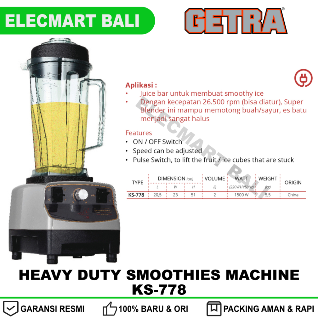 Jual Blender Heavy Duty Getra 2 Liter Smoothies Machine KS-778 | Shopee ...