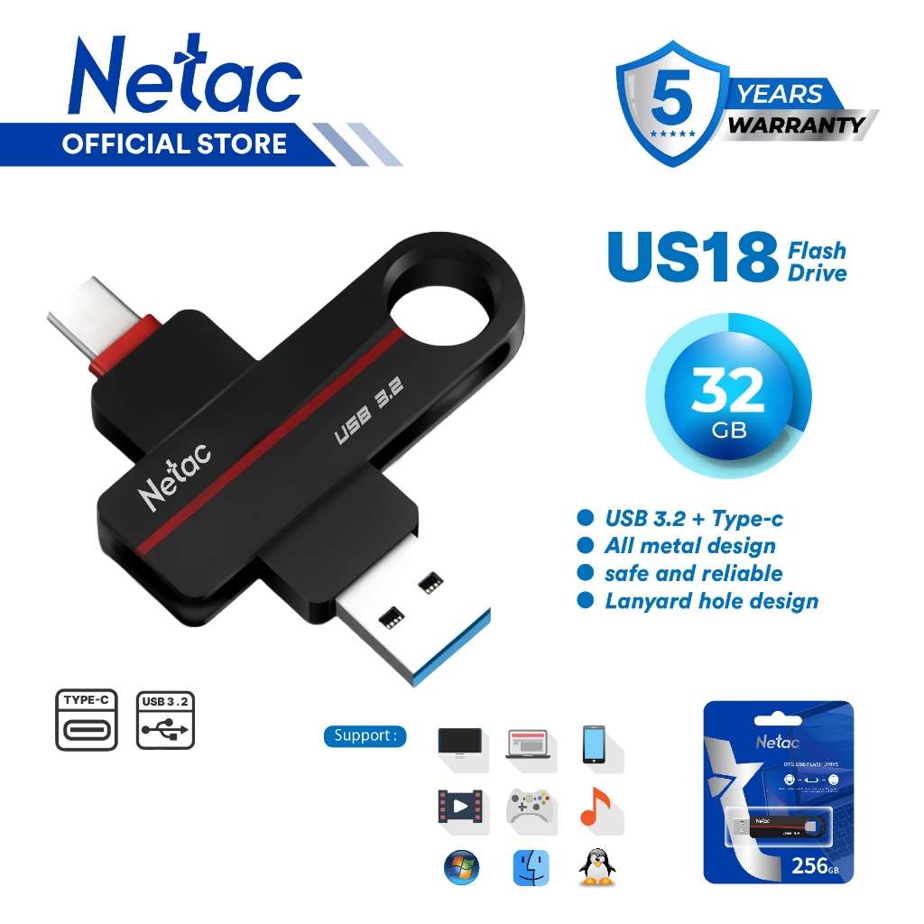 Jual Netac OTG Flashdisk US18 USB 3.2 + Type-C Dual Flash Drive 32GB ...