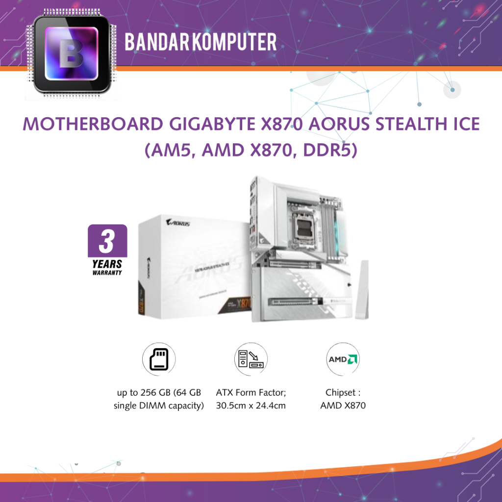 Jual MOTHERBOARD GIGABYTE X870 AORUS STEALTH ICE (AM5, AMD X870, DDR5 ...