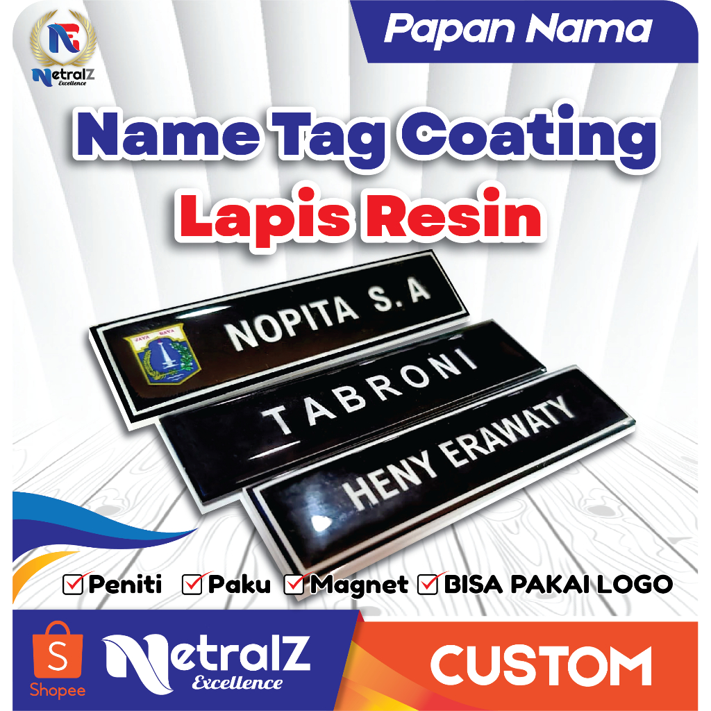 Jual Name Tag COATING RESIN 8x2 cm / Bahan Acrilik Magnet, Peniti, Paku ...