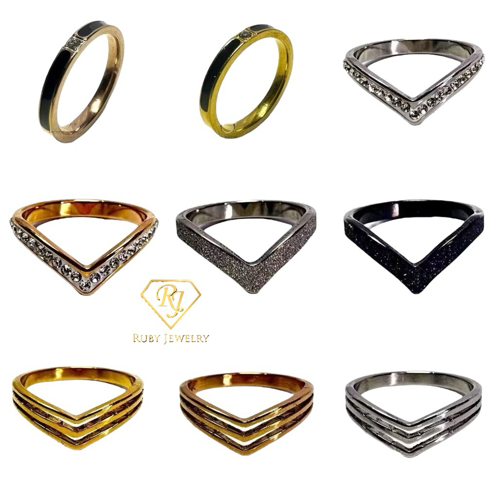 Jual Cincin Titanium Fuji Bentuk V Warna Emas Silver Hitam Untuk Wanita ...