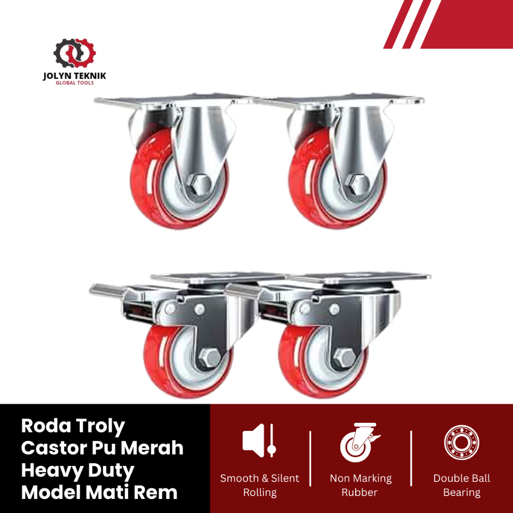 Jual SET 4 PCS RODA TROLY CASTOR PU MERAH non besi HEAVY DUTY BEARING ...