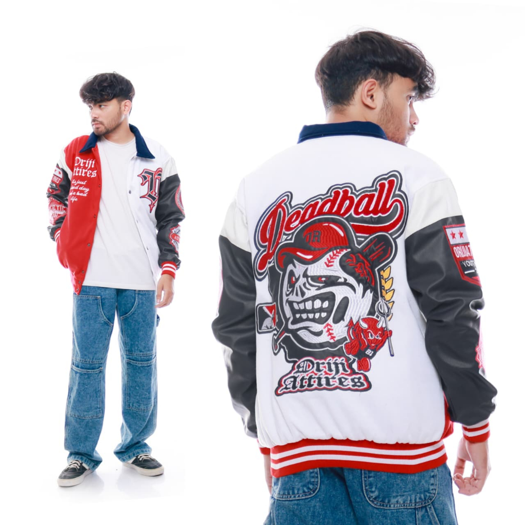 Jual Orijiattires Jaket Varsity Pria Wanita Deadball Red and White Full ...