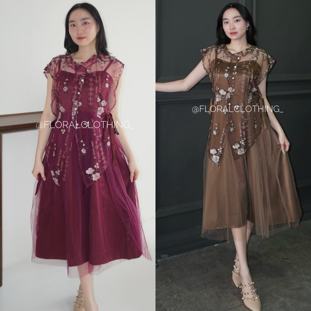 Jual F367 Dress Pesta Midi Dress Inner Outter Motif Bunga Mewah ...