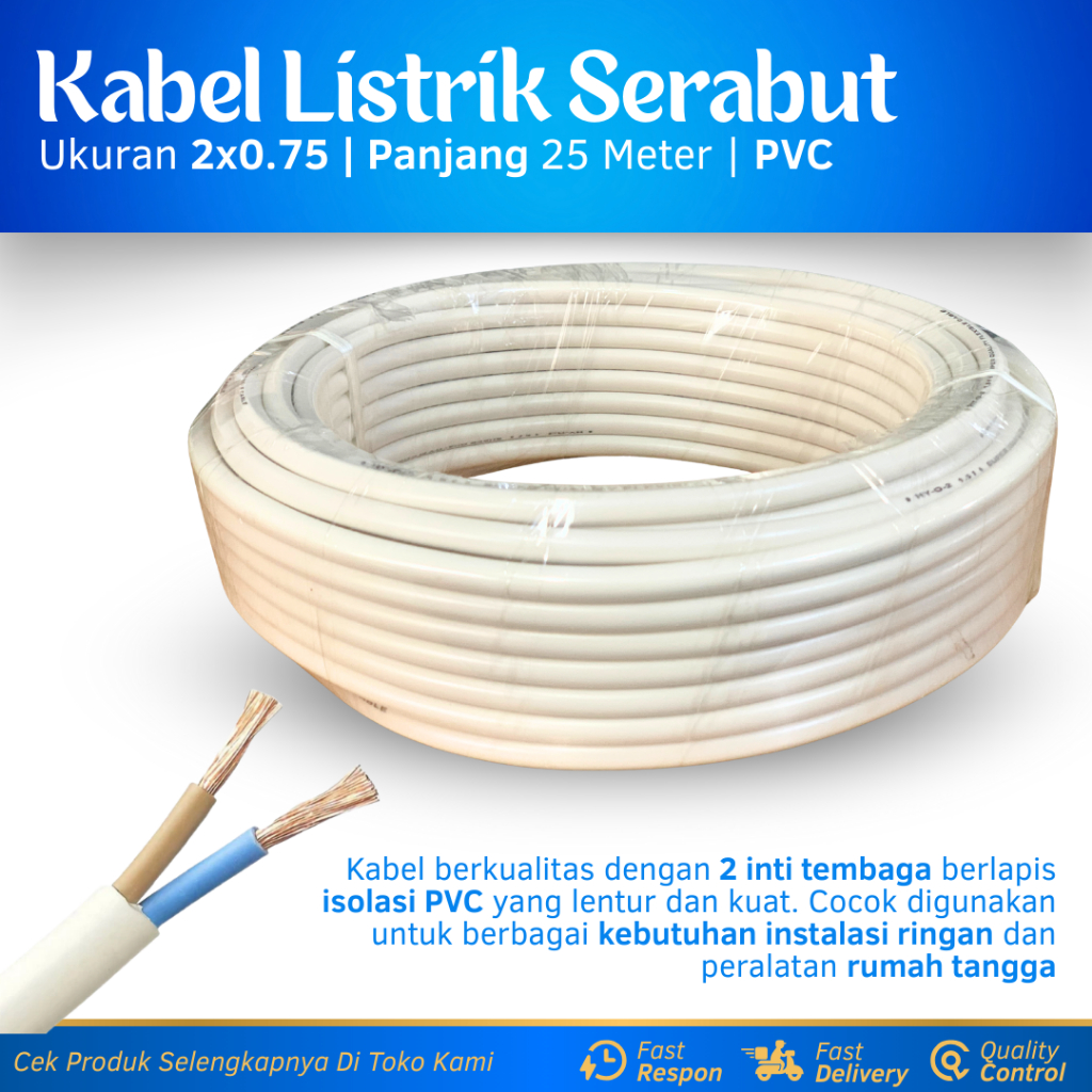 Jual Kabel Listrik Serabut 2x0.75 Tembaga Murni Kabel Listrik 25 Meter ...