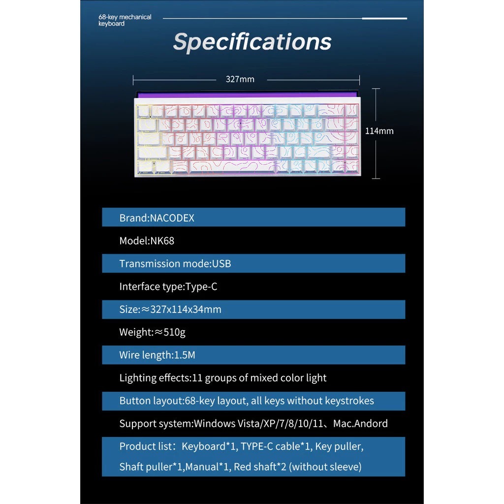 Jual Ajazz x Nacodex NK68 Wired Mechanical Keyboard Colorful With Side ...