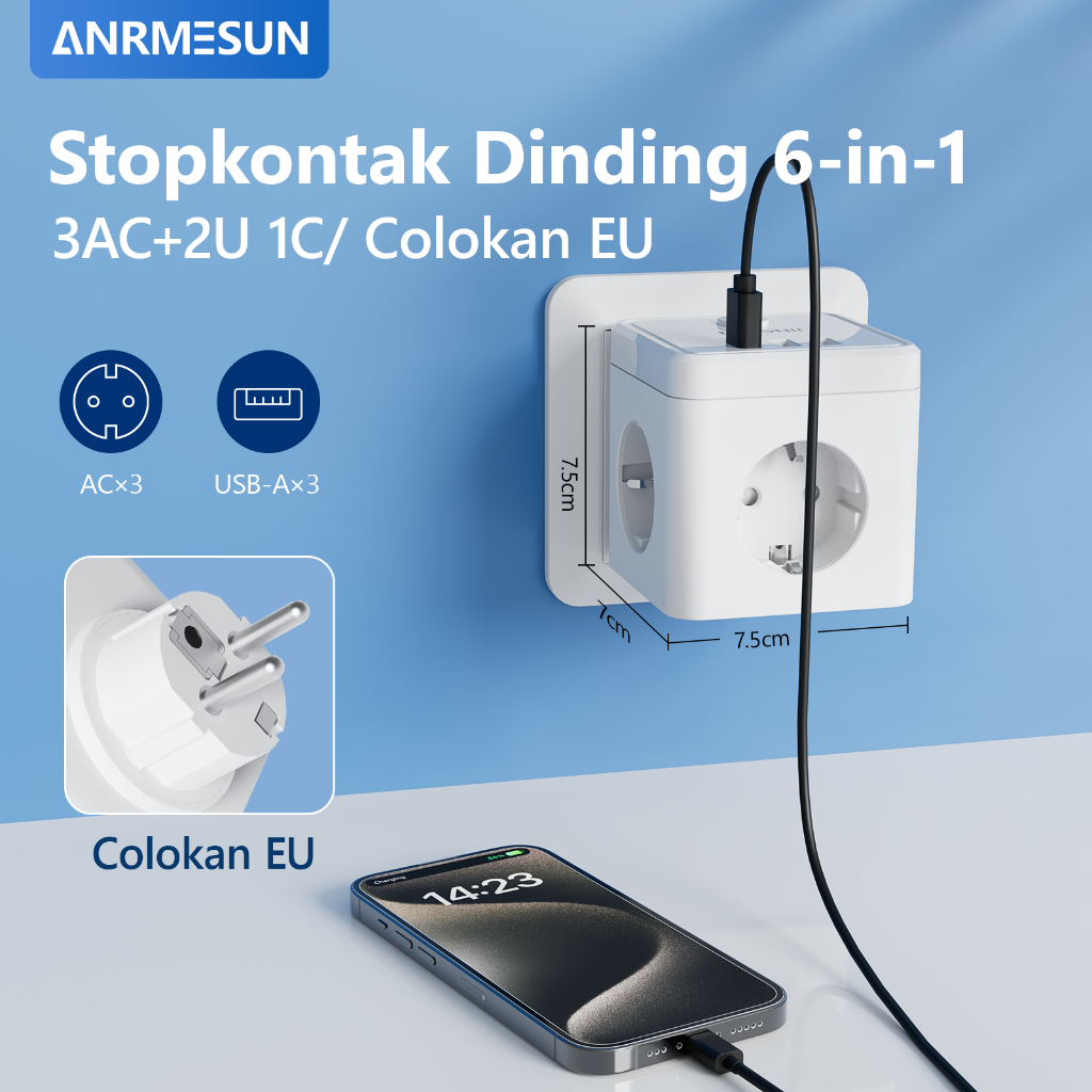 Jual 6 in 1 Stopkontak Dinding ANRMESUN Colokan EU dengan 3 AC + 2 USB ...