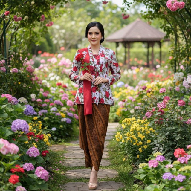 Jual Kebaya Encim Roselly Merah Putih (Atasan Saja) Model Kartini Bunga ...