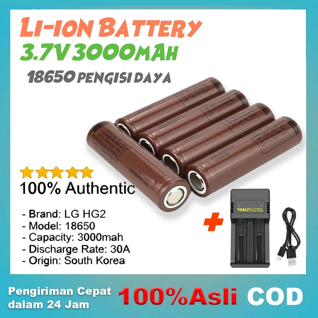 Jual Baterai 18650 HG2 3000mAh asli, Baterai Lithium 3.7V, Baterai Daya ...