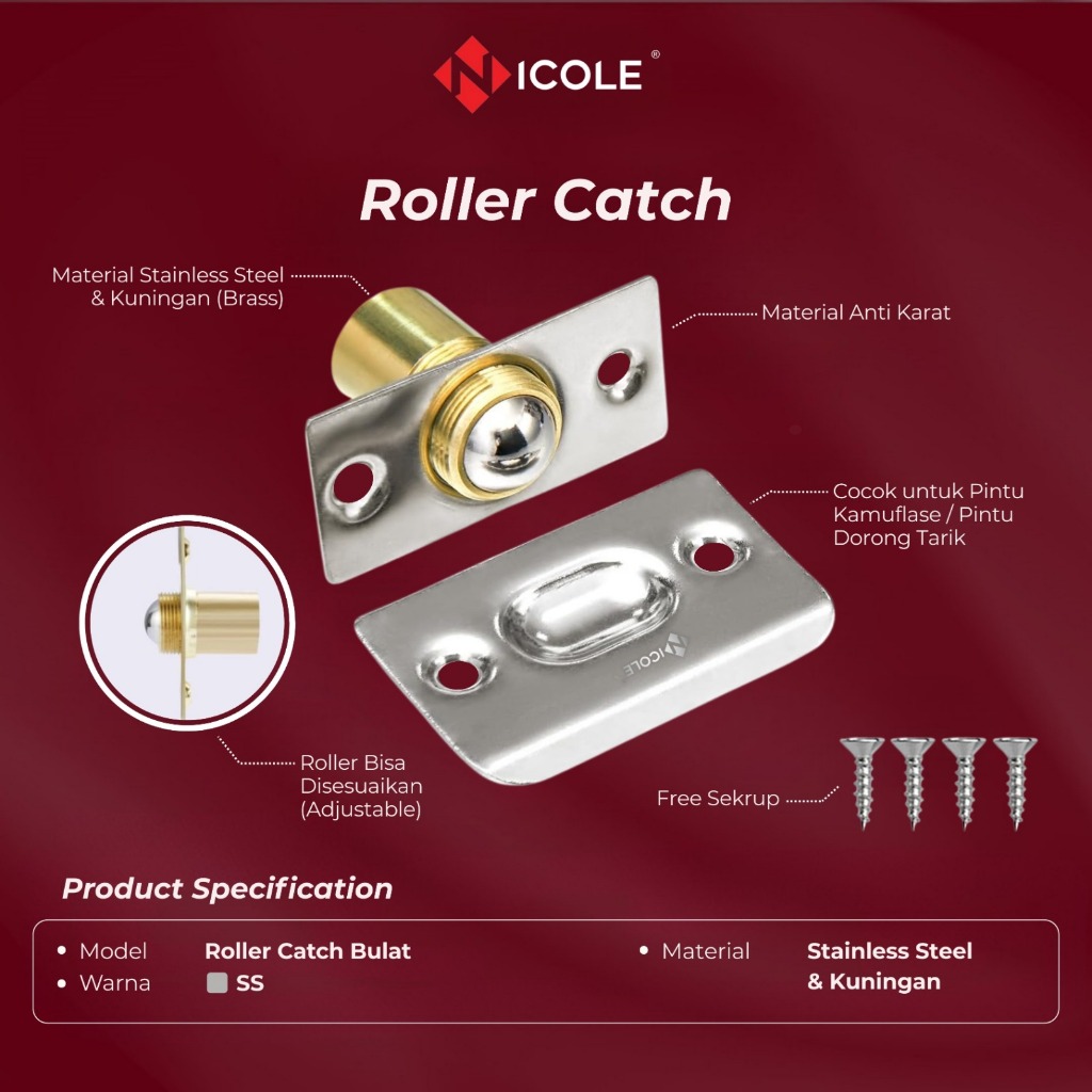 Jual Nicole Roller Catch Door Adjust Bulat Persegi Set Sekrup Body ...