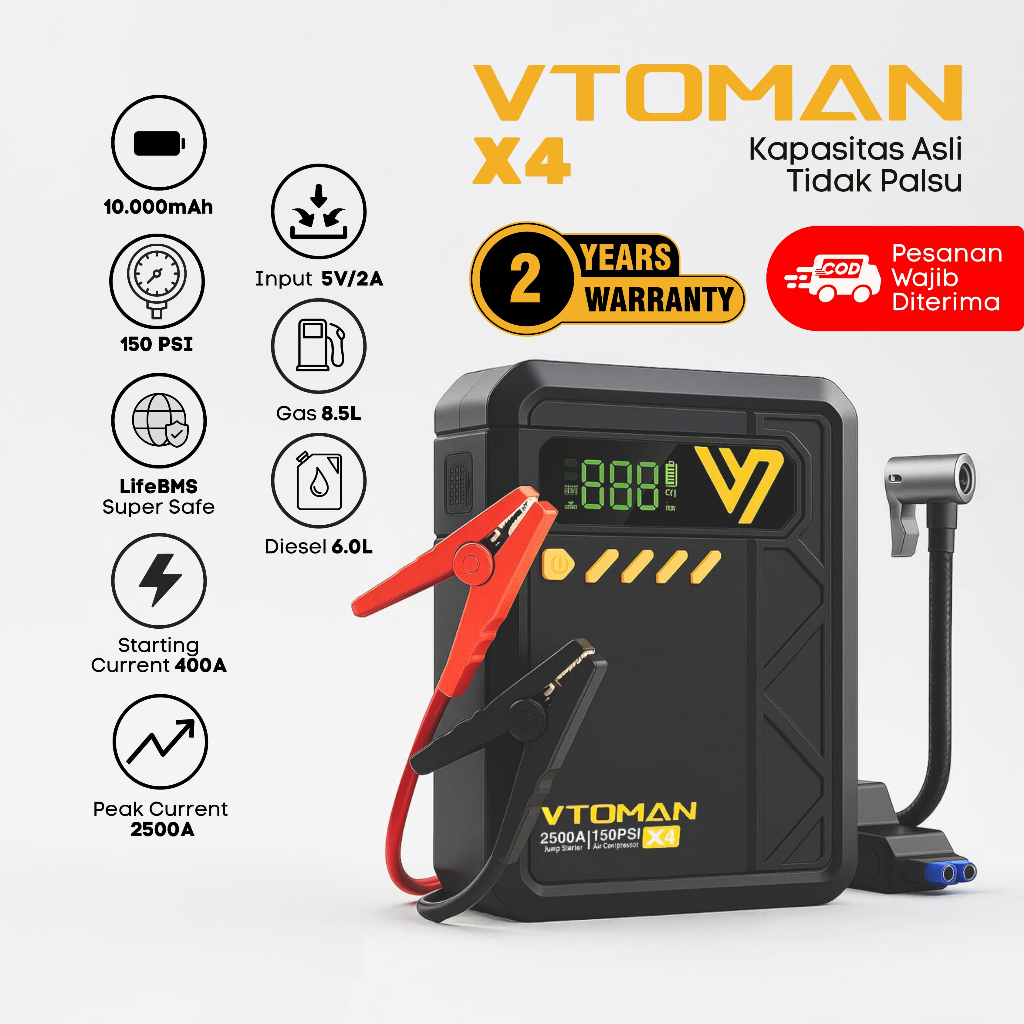 Jual VTOMAN X4 Jumper Aki Mobil 10000mAh Pompa Ban Elektrik Portable ...