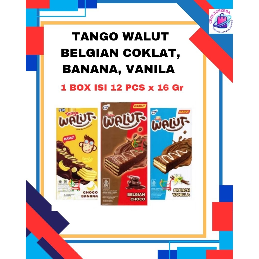Jual TANGO WALUT WAFER COKLAT BELGIAN, BANANA, VANILA 1 BOX ISI 12 PCS ...