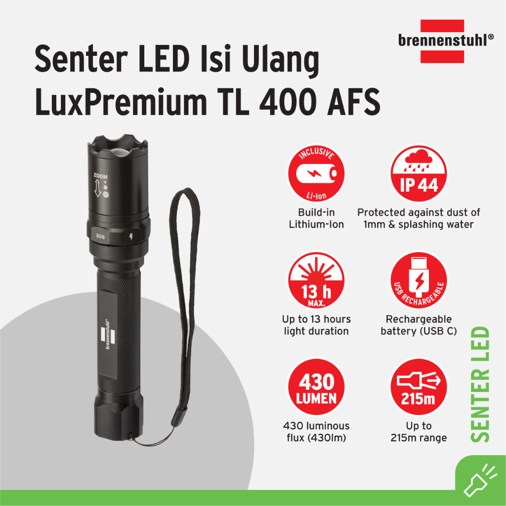 Jual Brennenstuhl Senter Tangan LED Rechargeable LuxPremium TL 400 AFS ...