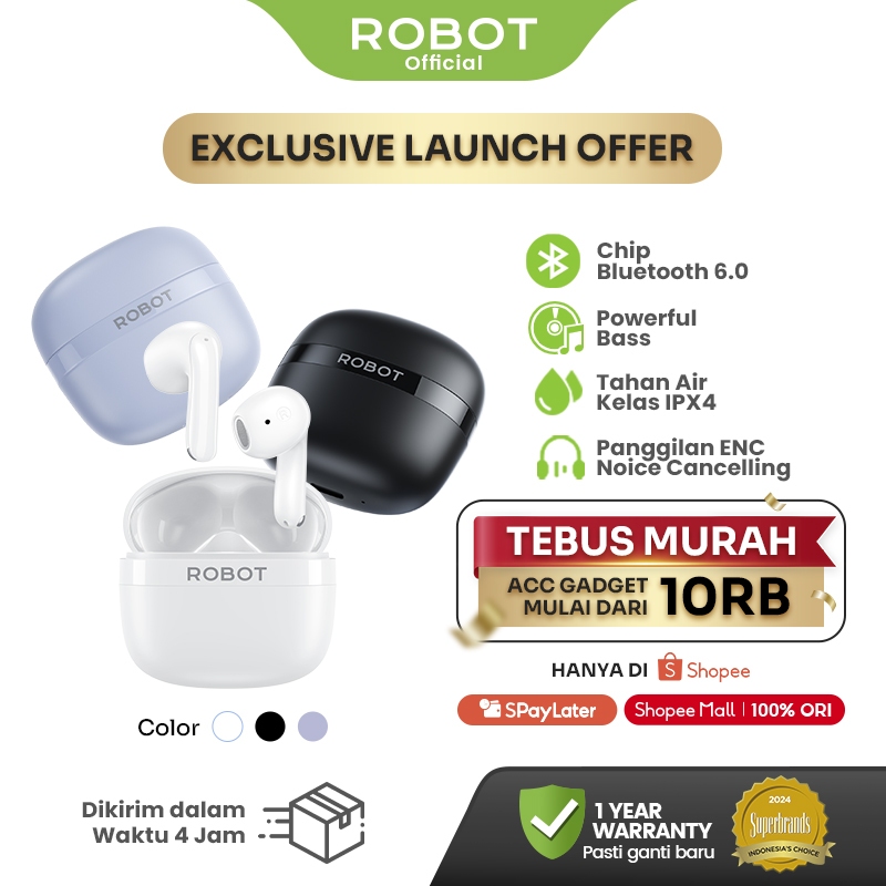 Jual ROBOT TWS Wireless Earphone Airbuds New T50E Original Bluetooth 6. ...