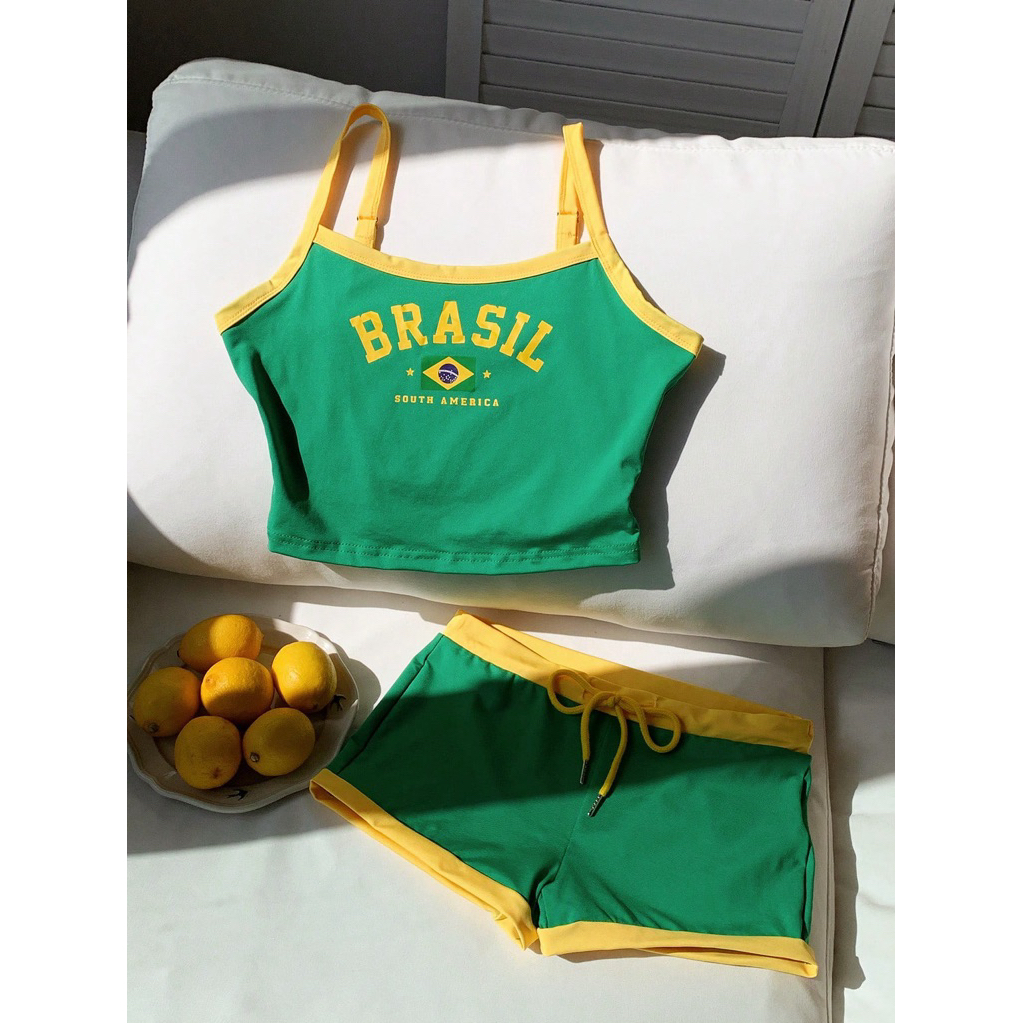 Jual Summer 2pcs set brazil flag colored letter printed slim fit ...