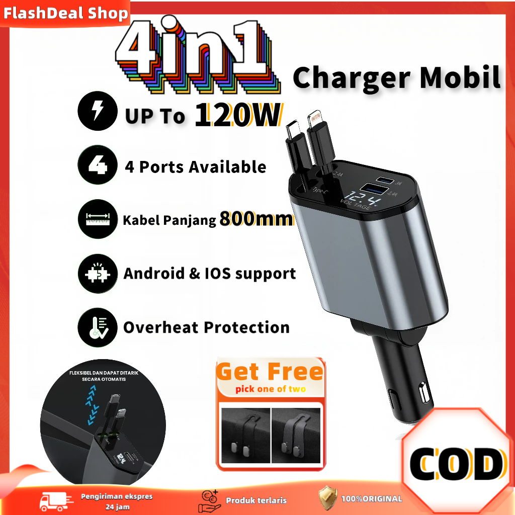 Jual 【COD】120W Car Charger Colokan Fast Charging Mobil 4 Ports PD USB ...