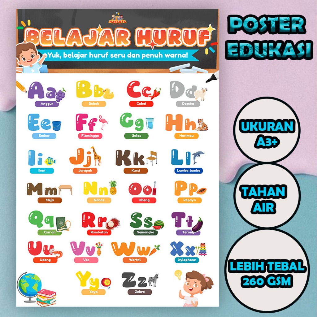 Jual Poster Edukasi Anak Mengenal BELAJAR ABJAD ABCD Premium Wipe and ...