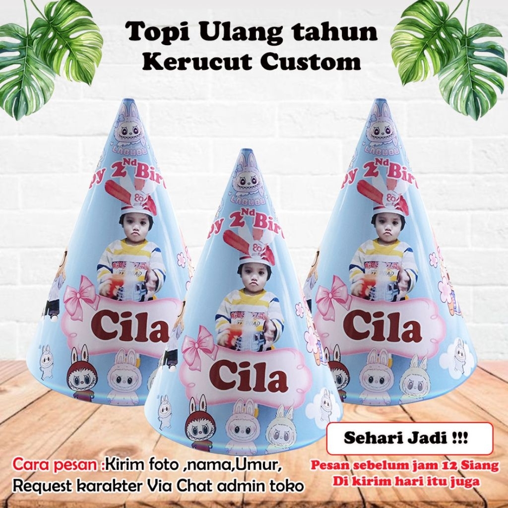 Jual Topi ulang tahun kerucut isi 10 pcs (2700/pcs)+ Desain foto anak ...