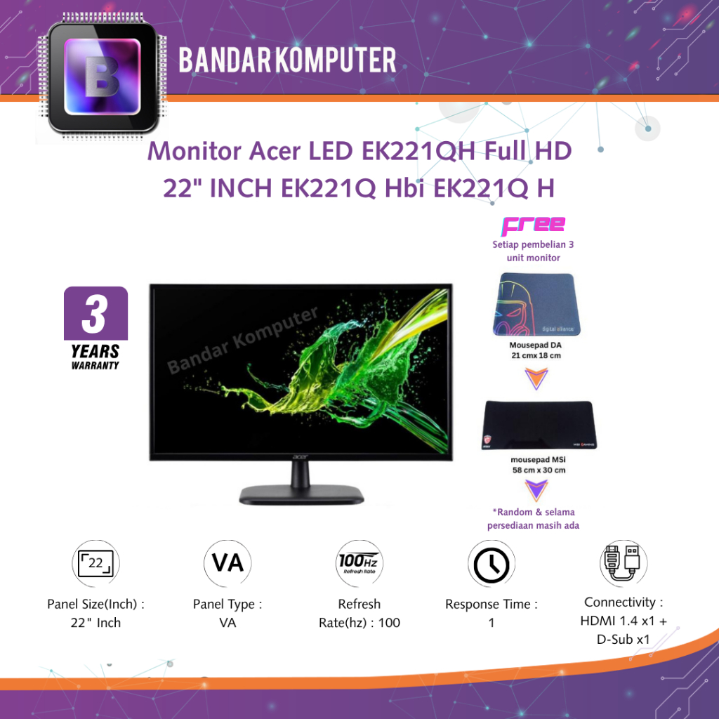 Jual Monitor Acer LED EK221QH Full HD 22" INCH EK221Q Hbi | Shopee ...