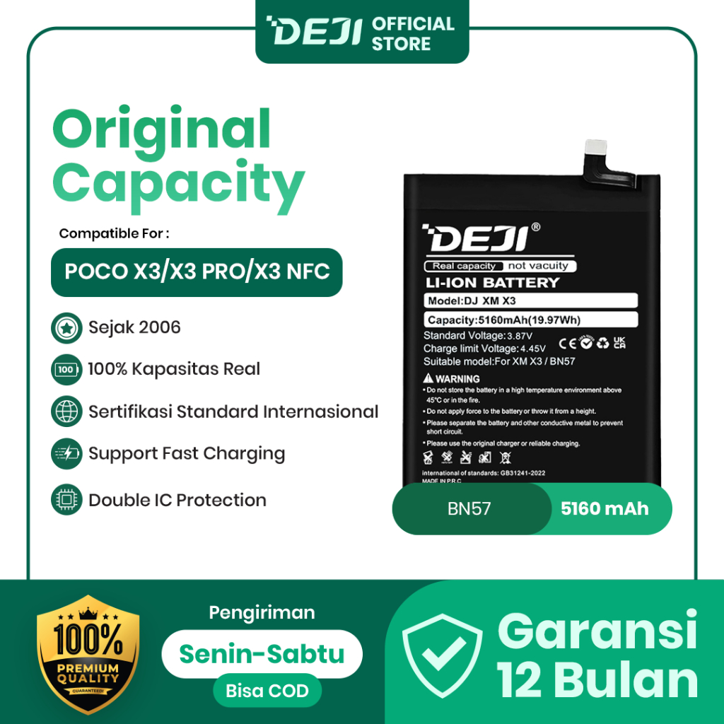 Jual DEJI Baterai BN57 Poco X3 / Poco X3 Pro / Poco X3 NFC 5160mAh 3 ...