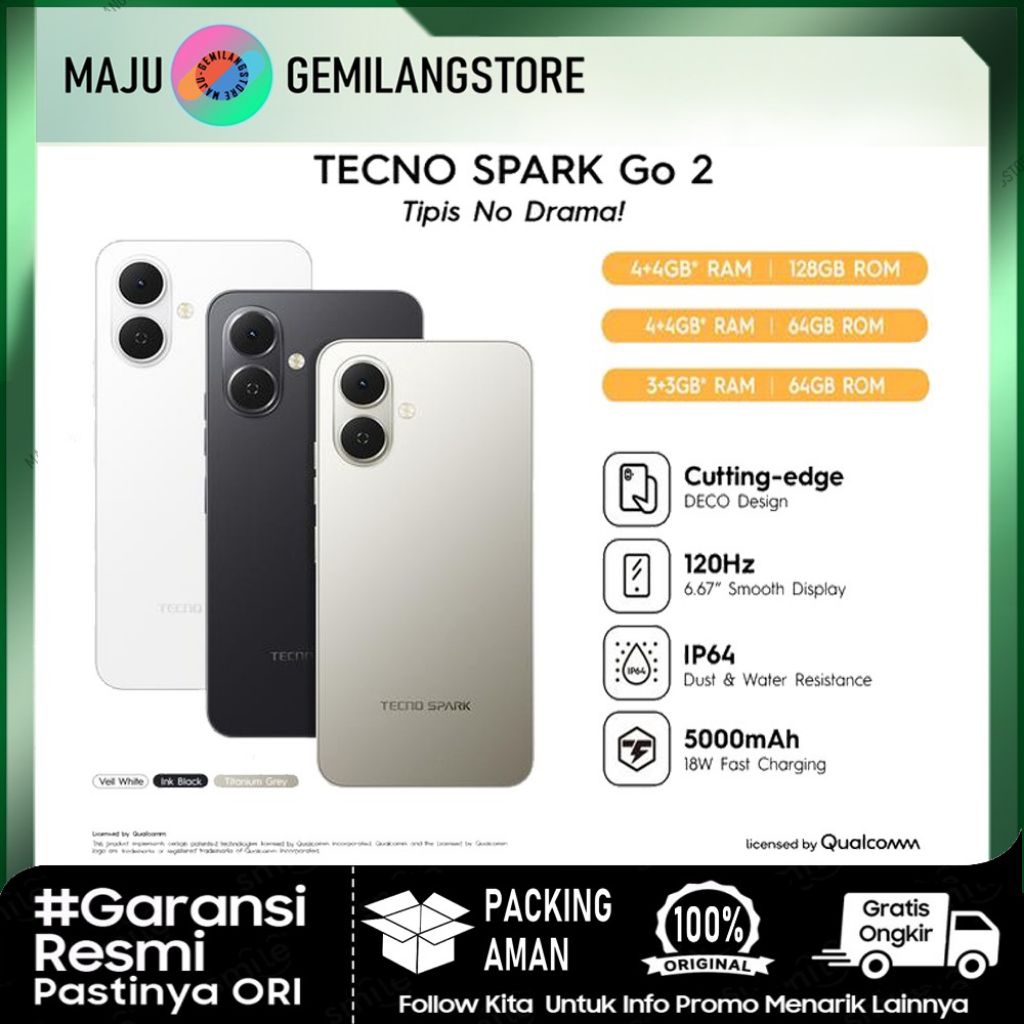 Jual TECNO SPARK GO 2 3+3GB* & 4+4GB + 64GB/128GB , LAYAR 6.67 inch HD+ ...