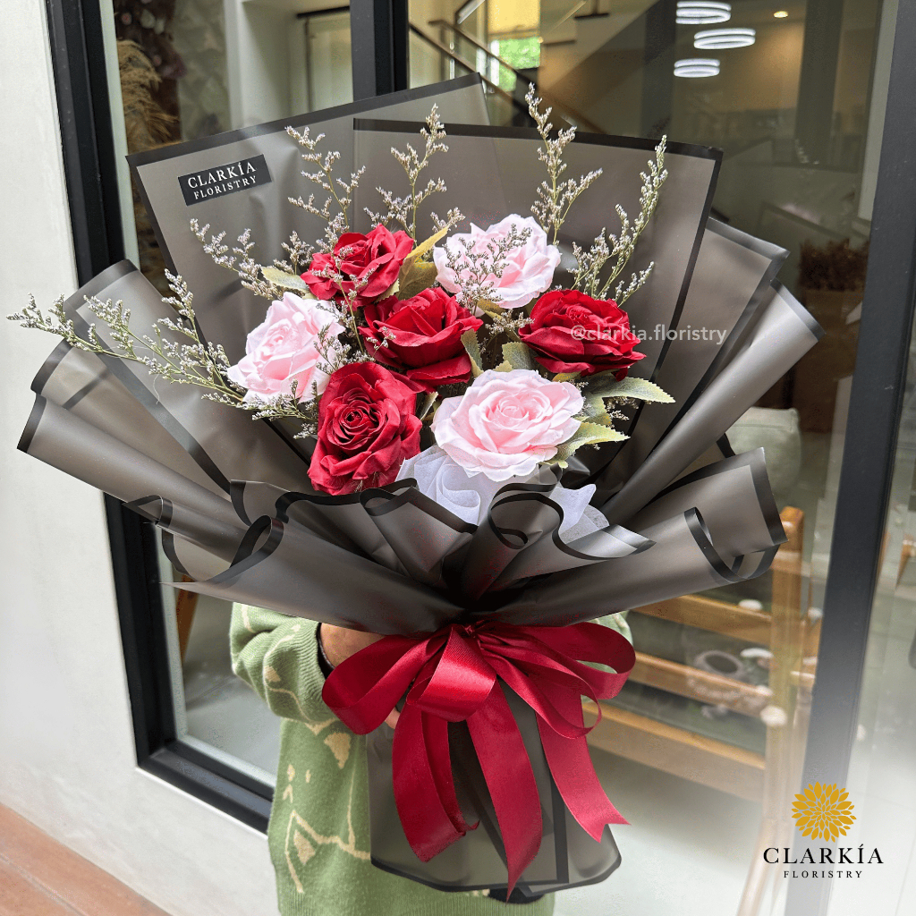Jual Artificial 7 Rose Bouquet Clarkia | Buket Bunga Mawar | Kado ...