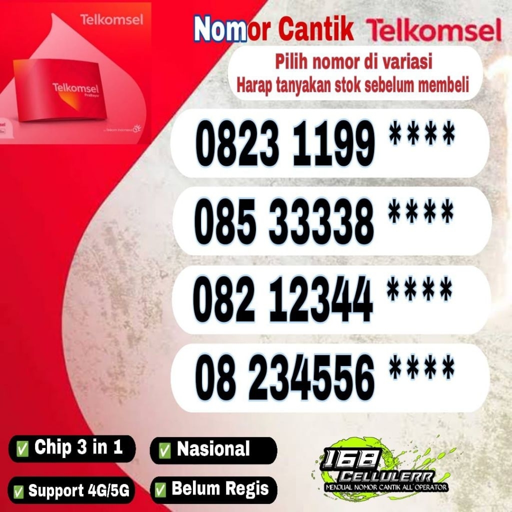 Jual Kartu Perdana nomor cantik Telkomsel simpati 4G/5G 1234 | Shopee Indonesia