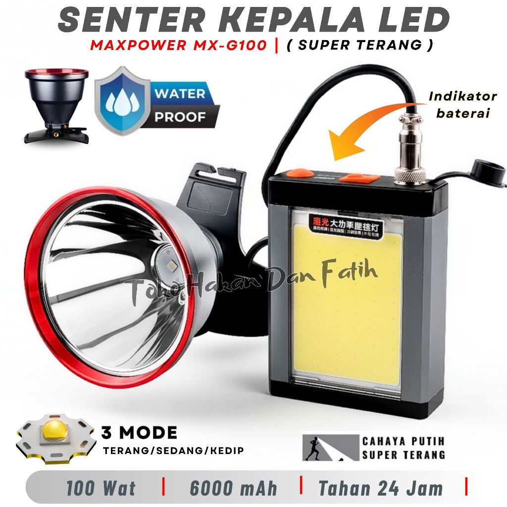Jual Senter kepala led super terang MAXPOWER MX-G100 , LED Super Terang Isi Ulang dengan Baterai ...