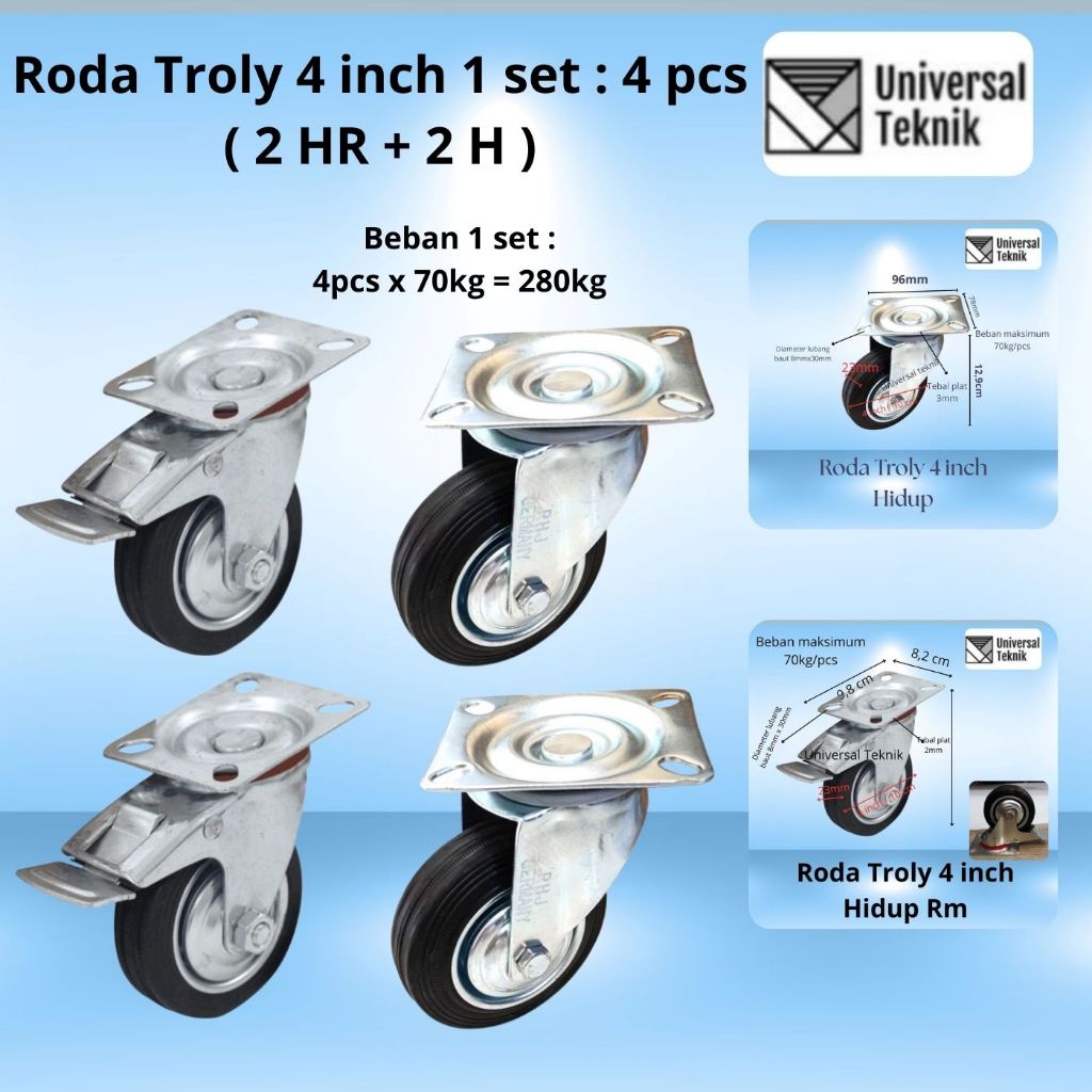 Jual Roda troli Karet 4 inch troly kastor 1 Set 4pcs ( 2Hidup Rem 2 ...
