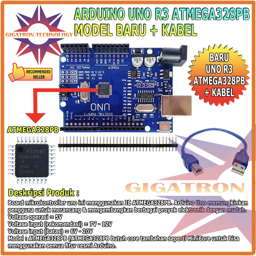 Jual Uno R3 - Arduino Uno Compatible Atmega328PB + Kabel Arduino Uno R3 ...