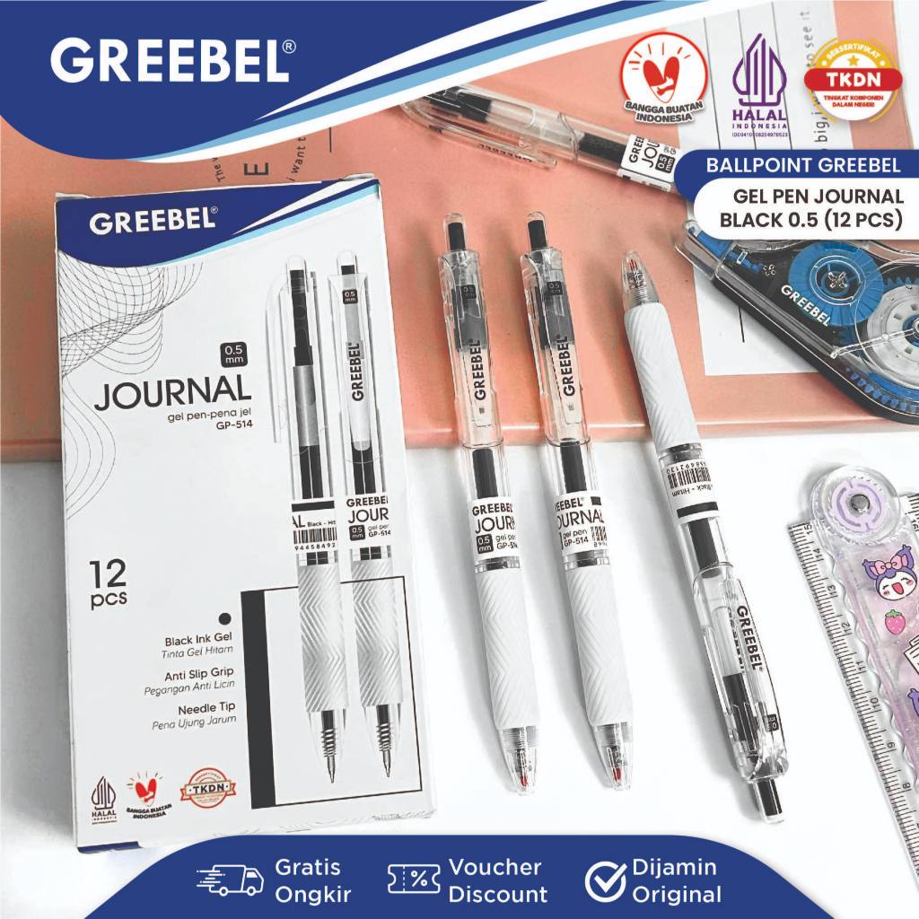 Jual GREEBEL Pulpen Gel / Gel Pen GP-514 Journal 0.5 Hitam (12PCS/SET ...