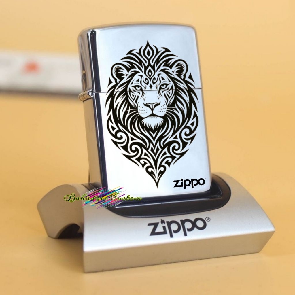 Jual KOREK API ZIPPO SILVER CHROME CUSTOM GRAFIR LION TRIBAL DESIGN ...