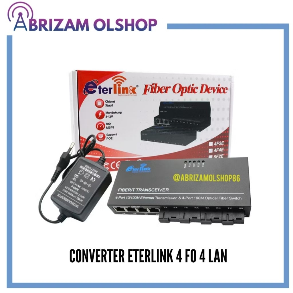 Jual MEDIA CONVERTER ETERLINK 4 FO 4 LAN + ADAPTOR SUPORT POE / HTB ...