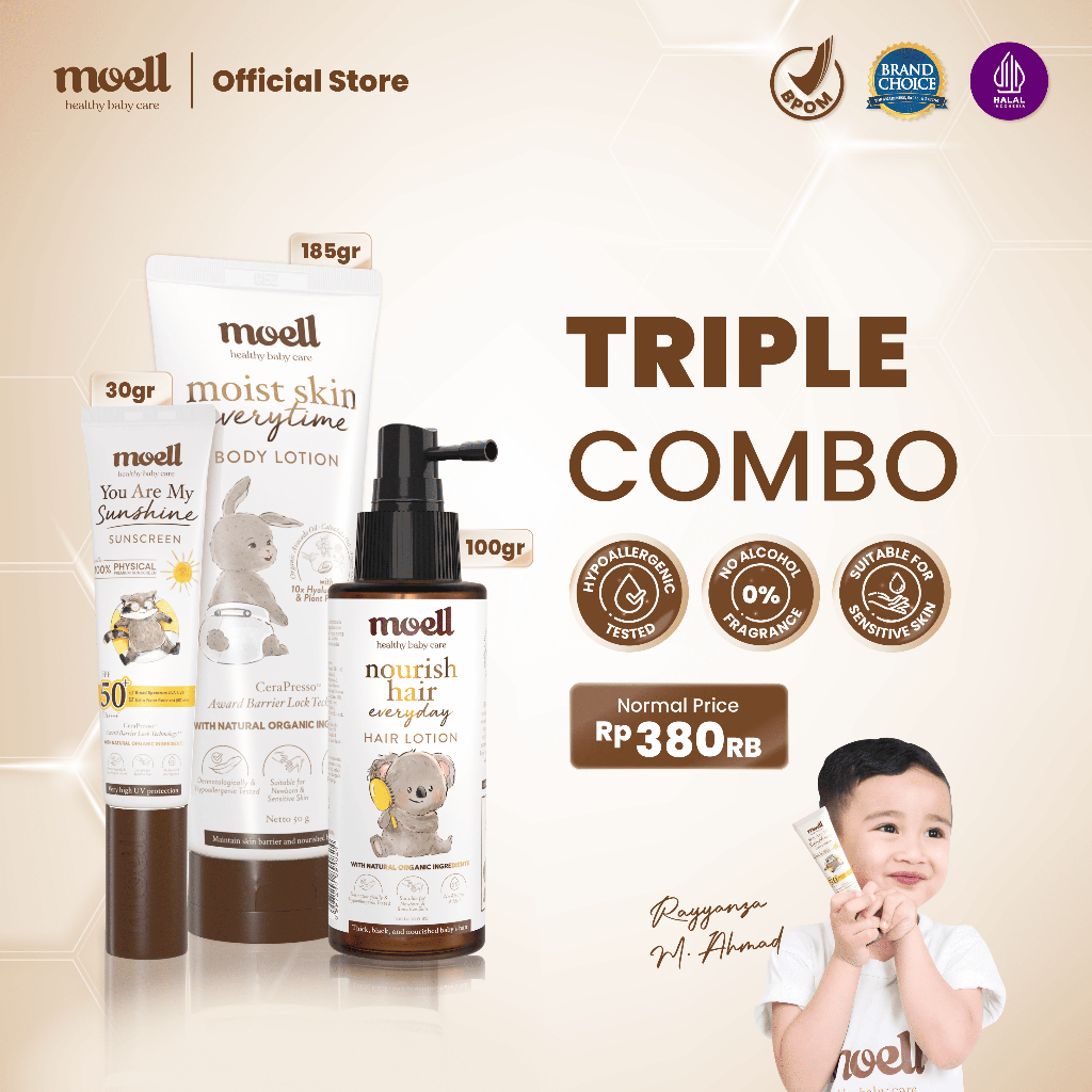 Jual Moell Triple Combo - Body Lotion 185gr & Sunscreen 30gr & Hair ...