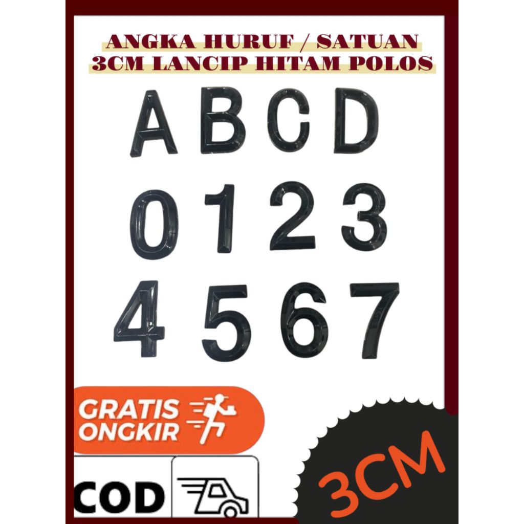 Jual Huruf/Angka Plat Motor Satuan - LancipSegi5 Hitam Polos 3CM ...