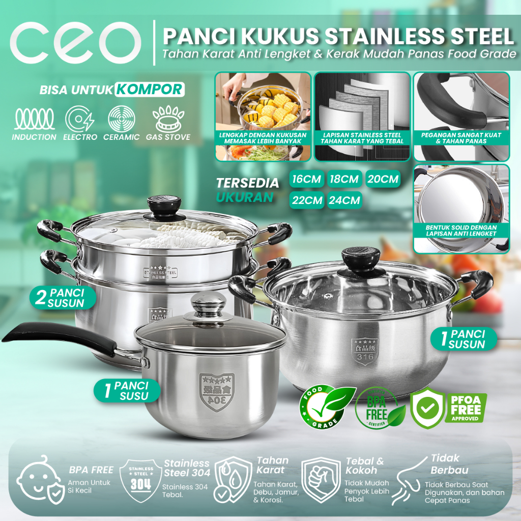 Jual CEO Panci Set Panci Susu Panci Sup Panci Kukus 2 Tingkat Tutup ...