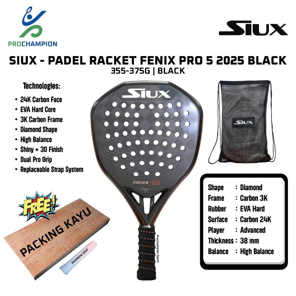 Jual Raket Padel SIUX Fenix Pro S 2025 355-375g Black | Shopee Indonesia