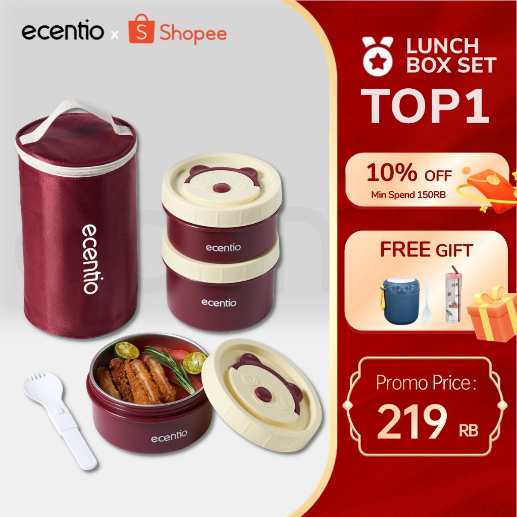 Jual 【2.0 BUY 1 GET 8】ecentio lunch box tas set 3pcs merah Kotak Makan ...