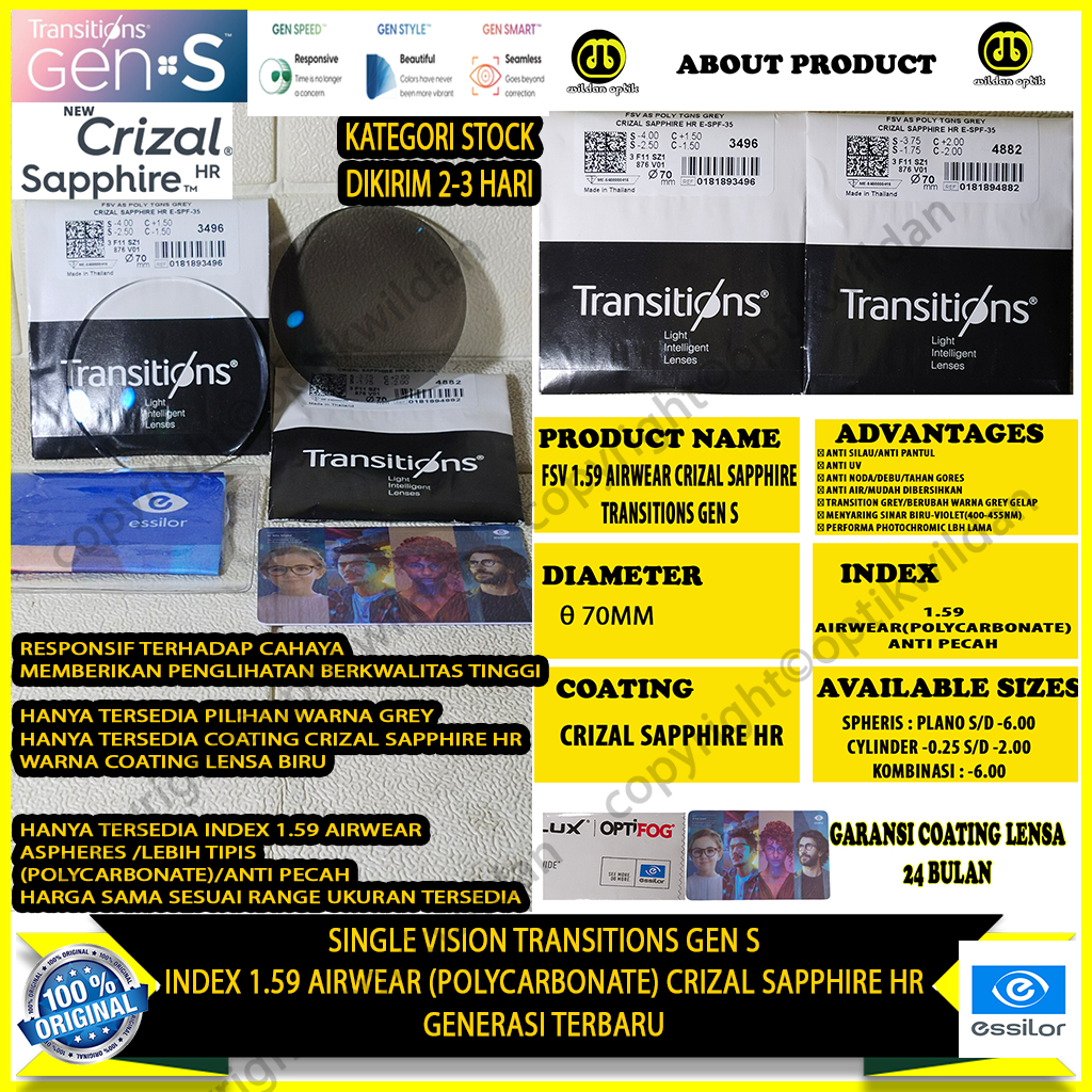 Jual Essilor Single Vision Transitions Gen S Generasi Terbaru Index 1. ...