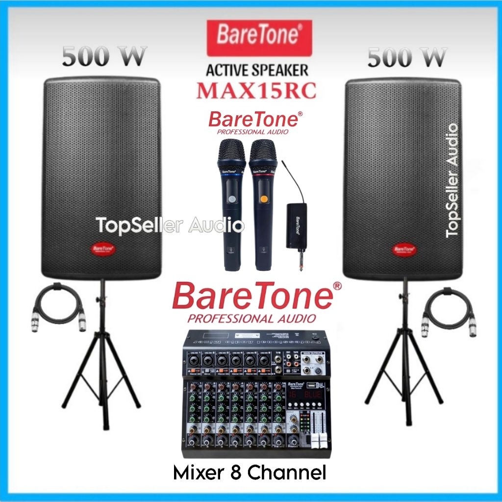Jual Promo Paket Sound System FullSet BareTone 15 Inch Speaker Aktif Max15Rc Mixer 8 Channel ...
